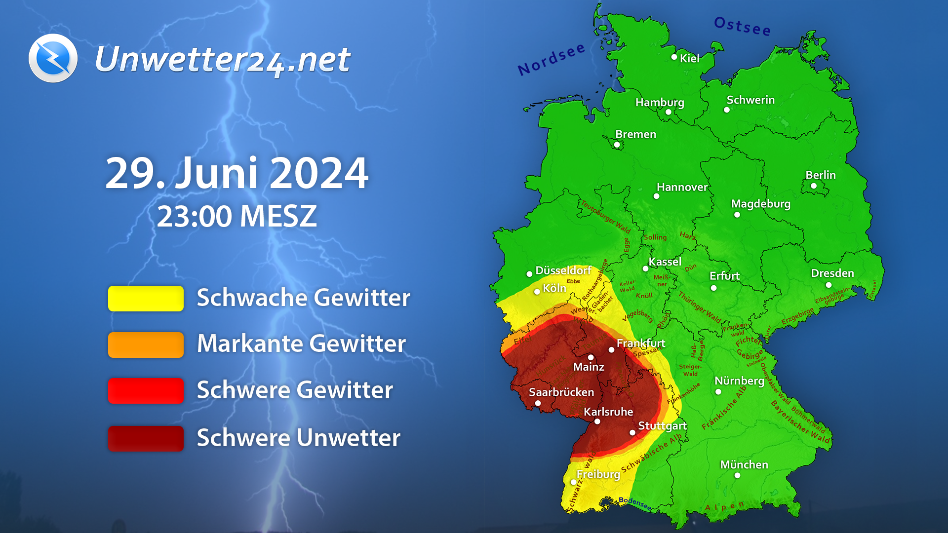 Gewitter mit großem Hagel, extremem Starkregen und Orkanböen - Unwetter24.net